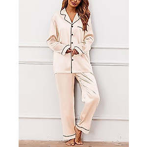 IFFEI 2 Pieces Silk Satin Womens Pajamas Set Button-Down Long Sleeve Girls Pajamas M Champagne