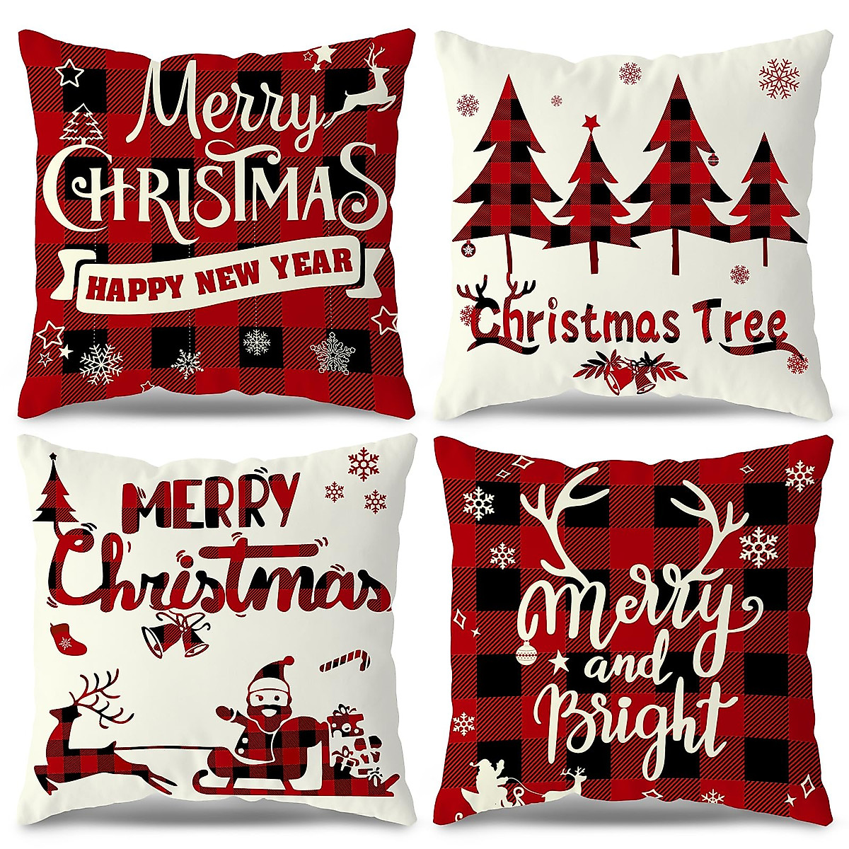 Christmas Decorations, Christmas Decor Christmas Pillow Covers 20x20 Set of 4 Red Black Buffalo Check Plaid Christmas Decorations Clearance Indoor Outdoor Xmas Throw Pillow Cases for Sofa Couch