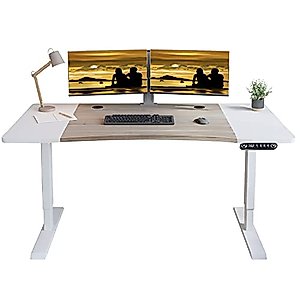 Jceet Dual Motor Electric Standing Desk - 63 x 30 Inch Adjustable Height Sit Stand Computer Desk with Splice Board, Stand Up Desk Table for Home Office, White Frame/Oak and White Top(with Radian)