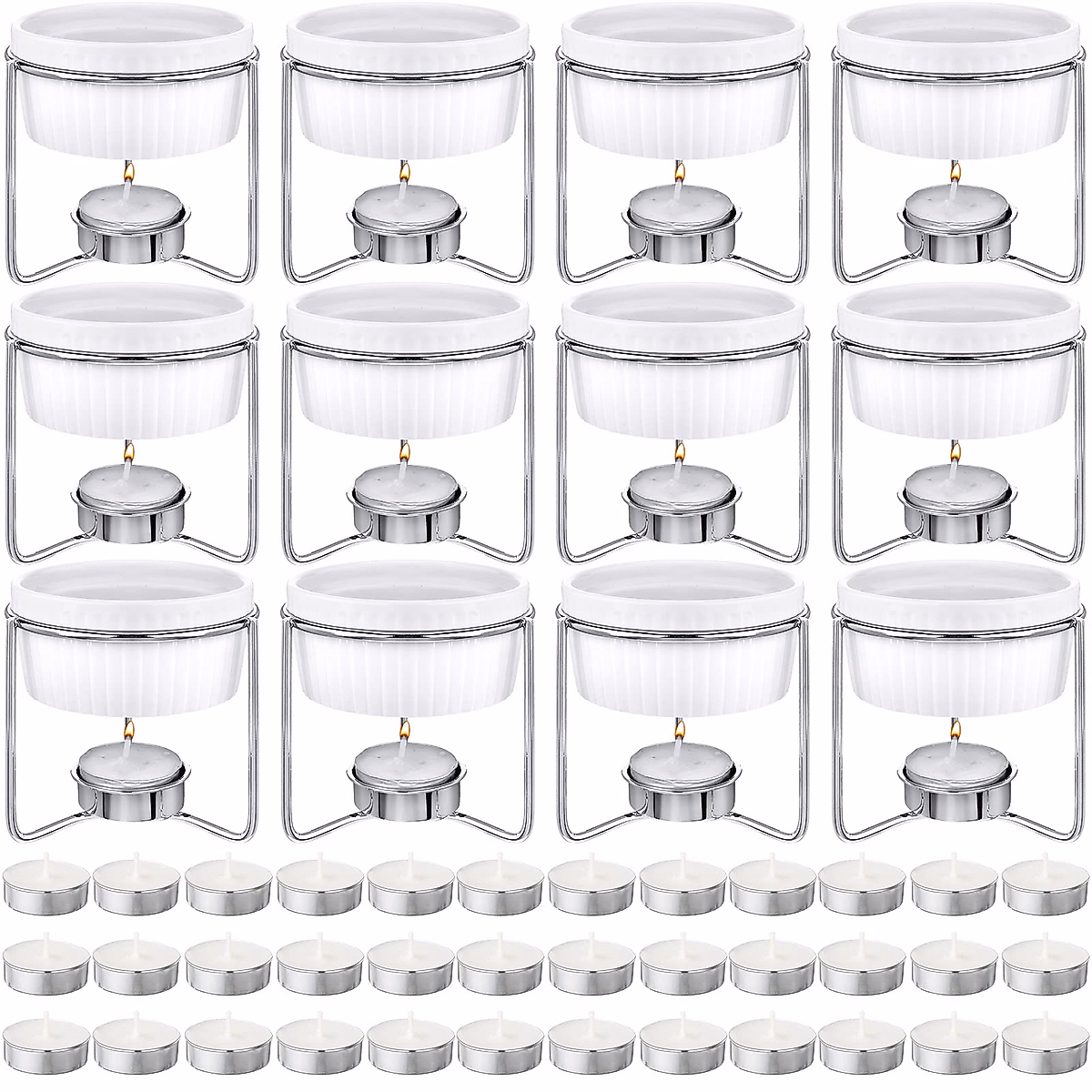 60 Pcs Ceramic Butter Warmers Set, Include 12 Pcs Butter Warmers for Seafood Butter Melter with Stands, 48 Pcs Tea Light Candles Food Warmer Candle for Fondue Chocolate Dishwasher Microwave Oven Safe