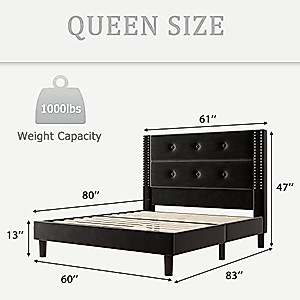 iPormis Queen Size Platform Bed Frame, Velvet Upholstered Bed Frame with Button Tufted & Nailhead Headboard, Wooden Slats Support, No Box Spring Needed, Noise-Free, Black