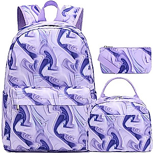 Jumpopack 3 Pcs Girls Backpack Lightweight Waterproof Girls Backpack with Lunch Box 16inch Laptop Sleeve Backpack for Teen Girls School Backpack School Bag Bookbag (Marble Purple)