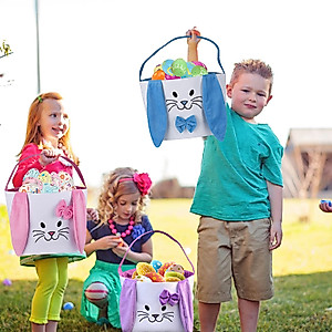 3Pcs Easter Bunny Basket for Kids- Canvas Cotton Carrying Gift and Eggs Hunt Bag, with Long Plush Ear Printed Rabbit Toys Bucket Tote Bags for Girls & Boys (Pink, Purple, Blue)