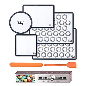 Silicone Baking Mats Set of 5 + 1 Spatula - 100% Non-Stick Reusable Food Safe Liners, Baking Sheets For Oven, Macaron