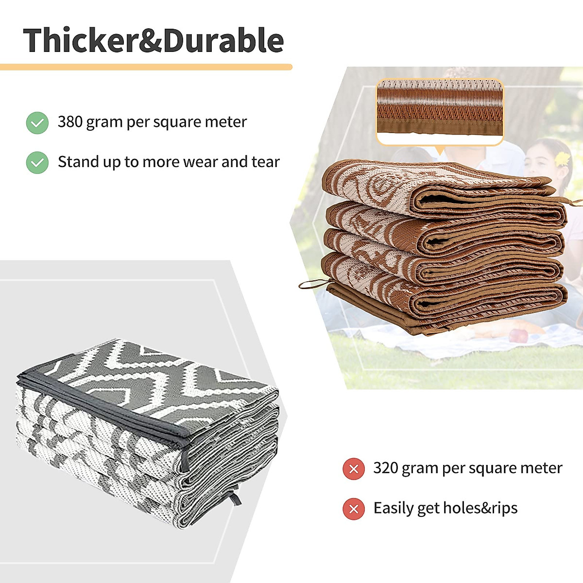 nalone Reversible Plastic Straw Rug, New York Patio Country Retro Transitional Geometric Outdoor Area Rug for RV, Camping, Deck, Picnic (6'X9', Beige&Brown)