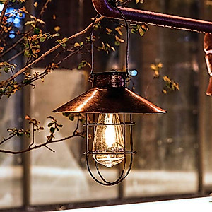 pearlstar Solar Lantern Outdoor Hanging Light Metal Farmhouse Solar Lamp with Warm White Edison Bulb Design for Garden Yard Patio Porch Decor (Brushed Copper)