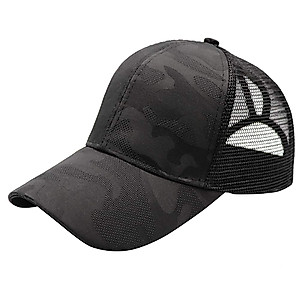 Womens Ponytail Messy High Buns Trucker Ponycaps Plain Baseball Cap Dad Hat Adjustable Snapback (001-2packs(Black camo+Grey camo), One Size)