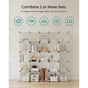 SONGMICS Cube Storage Organizer, Set of 16 Plastic Cubes, Book Shelf, Closet Organizers and Storage, Room Organization, Bedroom Living Room, 12.2 x 48.4 x 48.4 Inches, Cream White ULPC442M01