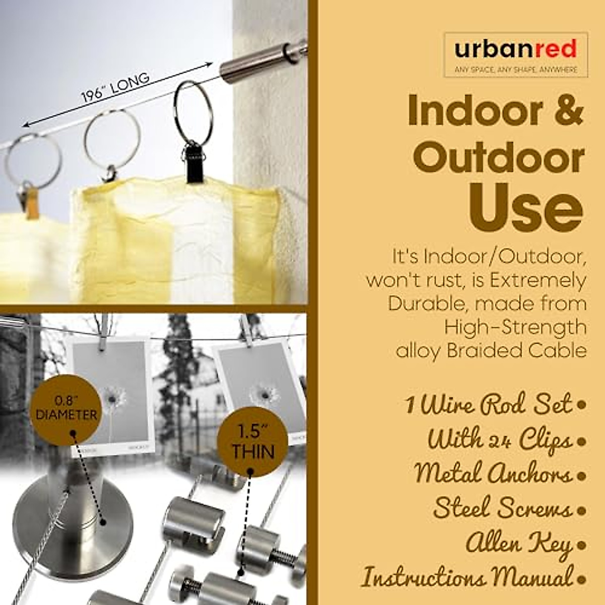 UrbanRed Stainless Steel 16.4 FT (5m) Curtain Wire Rod Set - Curtain Wire Hanging System, Versatile Art Display, Photo Hanging - Wall Mount Clothesline for Windows with Tension Wire Design