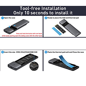 M.2 NVMe SATA SSD Enclosure Adapter Tool-Free, USB 3.2 Gen2 10Gbps External NVMe to USB PCI-E 6Gbps SATA M-Key / B+M Key, NVMe Reader Support UASP Trim for SSDs 2230/2242/2260/2280