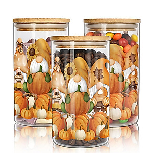 ANOTION Glass Storage Jars with Lids - Fall Gnomes Glass Jars 18oz Glass Food Storage Containers for Kitchen Storage, Pantry, Canning Jars for Storage Cookie, Sugar, Candy, Tea, Coffee, 3 Packs