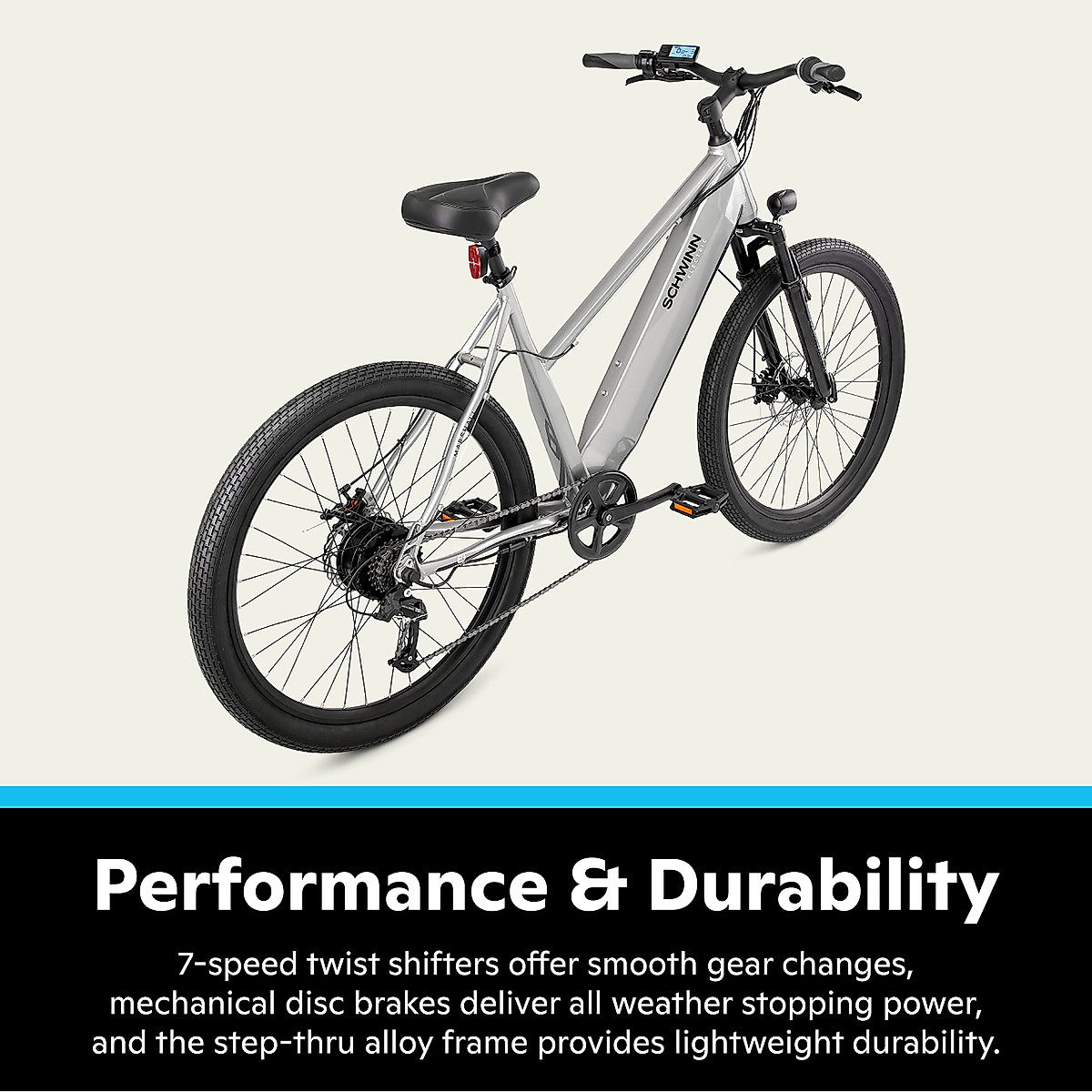 Schwinn Marshall Electric Hybrid Bike for Adults, Large/X-Large Step-Thru Aluminum Frame, 250W Motor, 7 Speed, 27.5-Inch Wheels, Gloss Grey