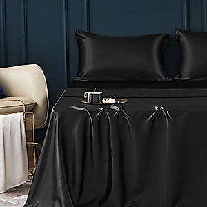 Koreyoshi 4 Pcs Satin Sheets - Luxury Silk Silky Super Soft Extra deep Pocket King Sheet Sets - Wrinkle & Fade Free - Fitted Sheet, Flat Sheet, Pillow Cases (Black, California King)