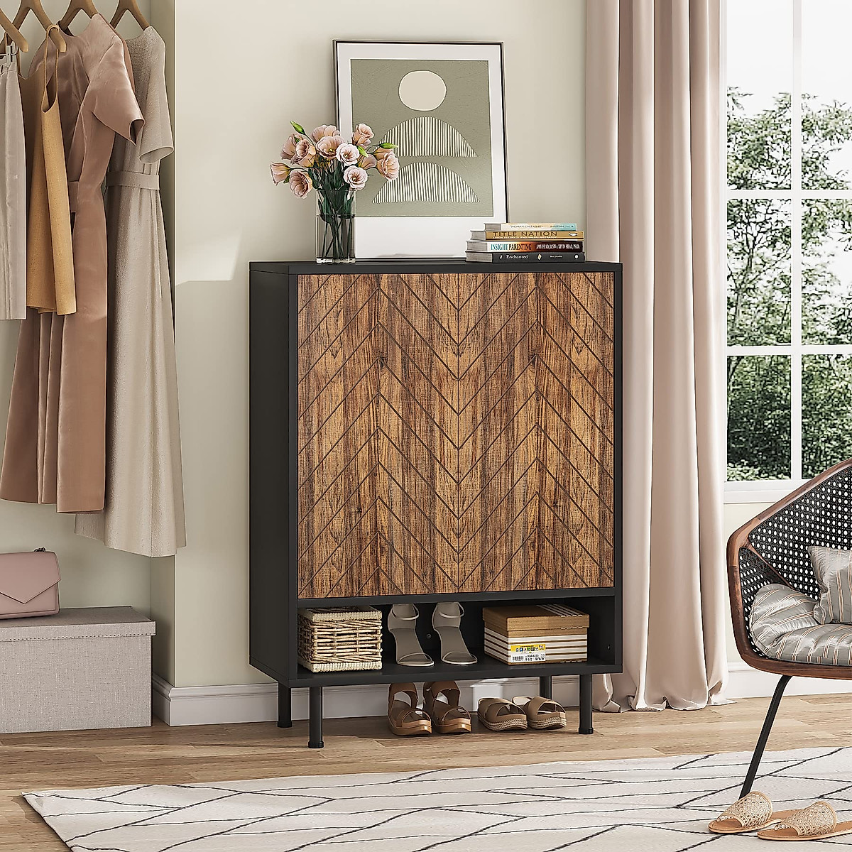 Tribesigns Shoe Cabinet, 18 Pair Shoe Rack Organizer Cabinet with Door, 6-Tier Modern Shoe Storage Cabinet with Shelves for Entryway Hallway Closet Bedroom, Black and Brown