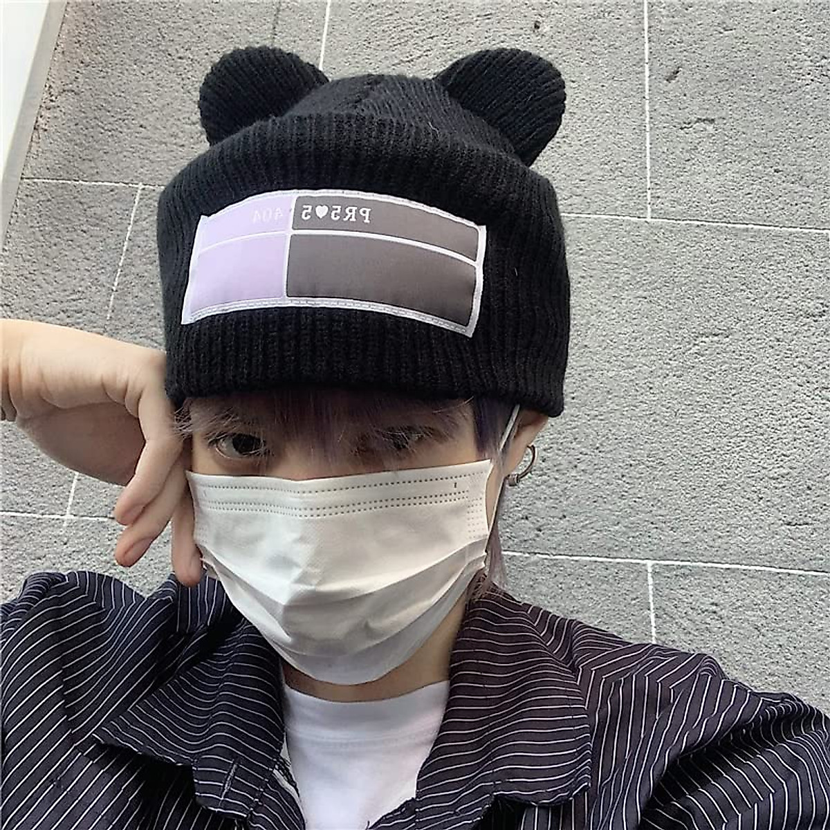 Y2K Balaklava Ski Mask, Bear Big Ears Beanie, Knitted Hooded Collar, Neck Protector, Men's and Women's (Black,One Size,One Size)