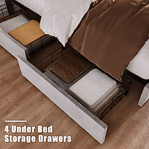 PaPaJet Queen Bed Frame with Storage Upholstered Platform Bed with 4 Drawers and Adjustable Headboard, Wooden Slats Support, No Box Spring Needed, Light Grey