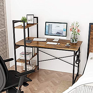 Engriy Computer Desk with 4 Tier Shelves for Home Office, 47" Writing Study Table with Bookshelf and 2 Hooks, Multipurpose Industrial Wood Desk Workstation with Metal Frame for PC Laptop, Rustic Brown
