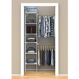 ClosetMaid SuiteSymphony Wood Closet Organizer Starter Kit with Tower and 3 Hang Rods, Shelves, Adjustable, Fits Spaces 4 – 9 ft. Wide, Pure White, 16"