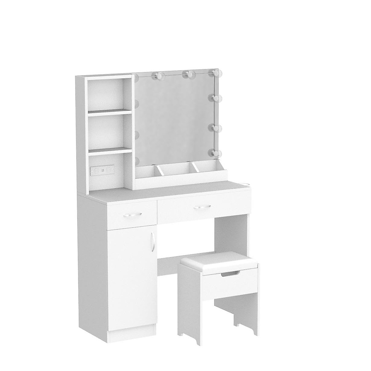 Fameill Makeup Vanity Desk with Lighted Mirror & Power Strip,White Vanity Table Set with Lights and Lots Storage,2 Drawer Makeup Table,3 Lighting Colors,35.4in(L)