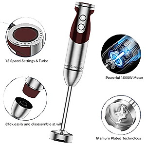 MegaWise Pro Titanium Reinforced 3-in-1 Immersion Hand Blender, Powerful 1000W with 80% Sharper Blades, 12-Speed Corded Blender, IncludingWhisk and Milk Frother (3-in 1 Red)