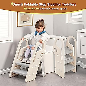 Onasti Foldable Toddler Step Stop for Bathroom Sink, Adjustable 3 Step Stool for Kids Toilet Potty Training Stool with Handles, Child Kitchen Counter Stool Helper, Plastic Ladder for Toddlers Grey