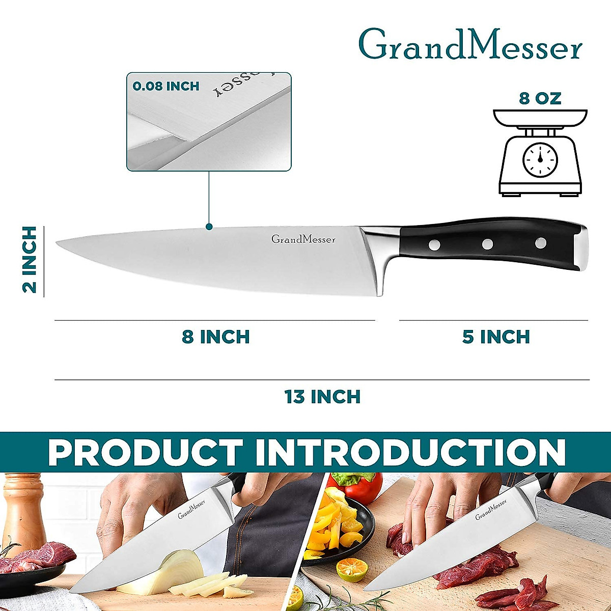 GrandMesser Chef Knife, 8 Inch Professional Kitchen Knife, High Carbon Steel Ultra Sharp Chef's Knife, with Ergonomic ABS Handle Triple-riveted and Gift Box.