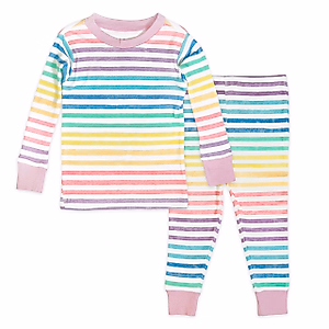 HonestBaby 2-Piece Pajamas Sleepwear PJs 100% Organic Cotton for Baby, Toddler, Kids, Girl, Rainbow Stripe, 3T