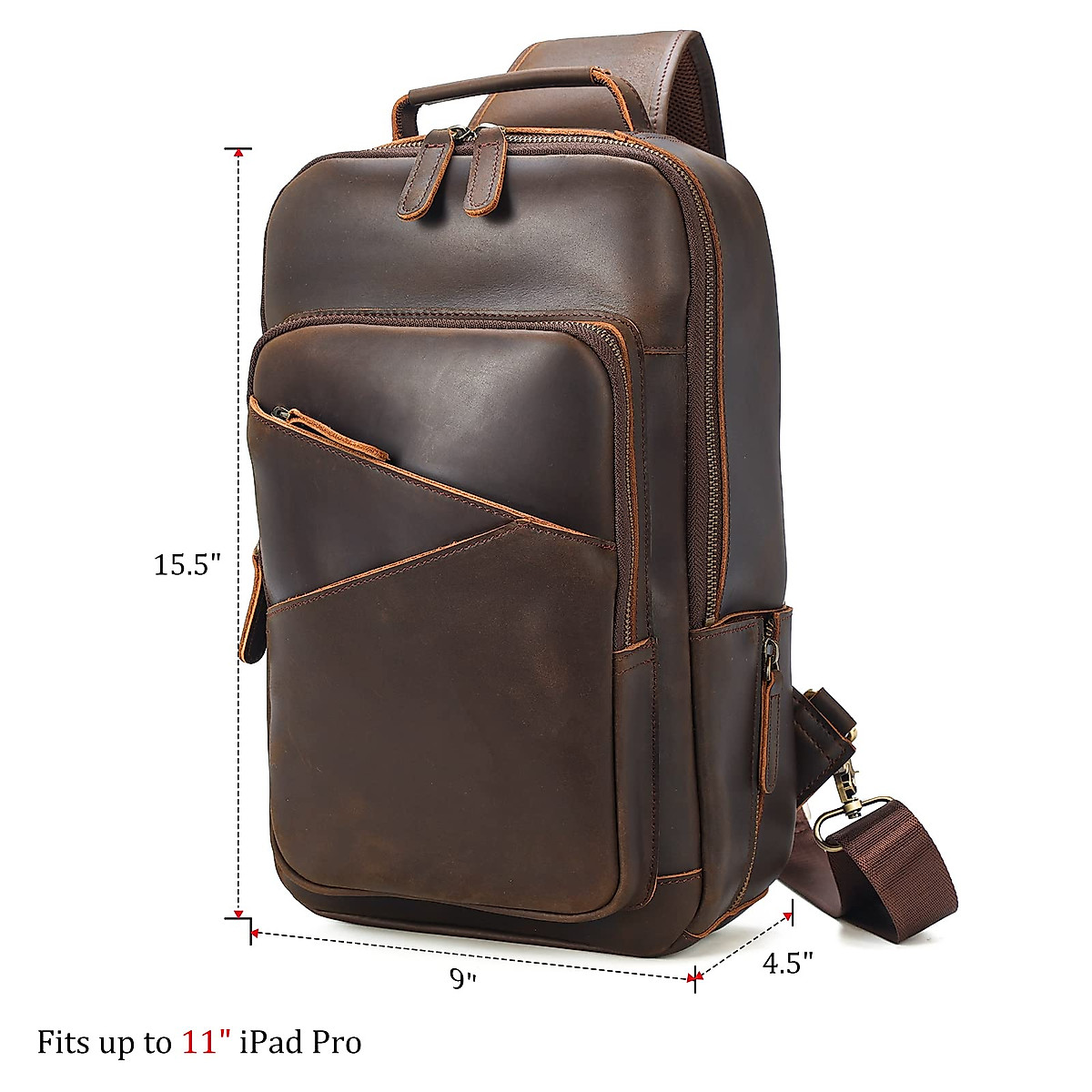 Polare Full Grain Leather Sling Chest Bag For Men Crossbody Travel Hiking School College Daypack