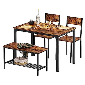 soges 4 Person Dining Table Set, 43.3 inch Kitchen Table Set for 4, 2 Chairs with Backrest, 2-Person Bench with Storage Rack, Nesting Furniture Set for Dining Room and Restaurant, Vintage Brown