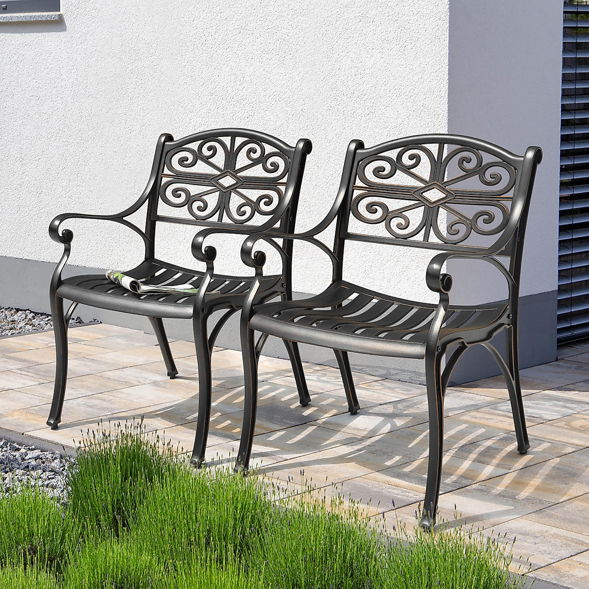 NUU GARDEN Set of 2 Cast Aluminum Patio Dining Chairs with Armrests,All-Weather Patio Dining Chair with Adjustable Feet Outdoor Bistro Chairs for Balcony, Backyard, Garden, Hammered Bronze