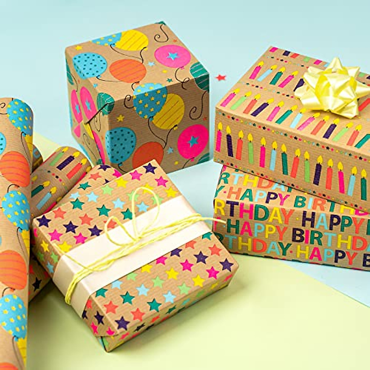 RUSPEPA Wrapping Paper Kraft Paper - Colorful Birthday Text Wrap Design - 4 Rolls - 30 inches x 10 feet per Roll