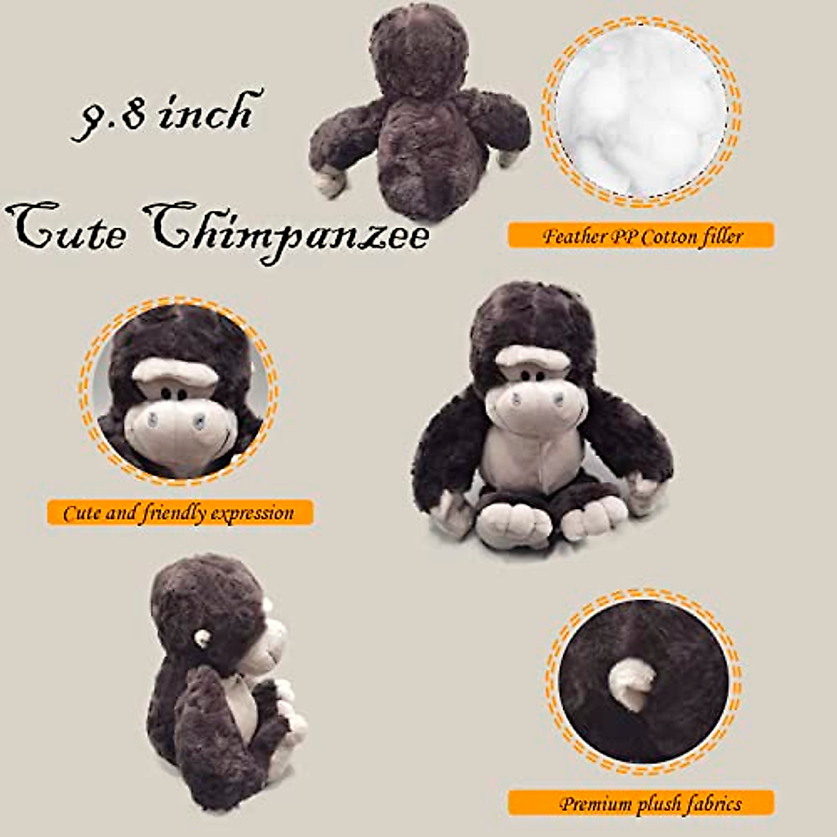 LRUNTEC Cute Plush Gorilla Stuffed Animal, Kawaii Forest Soft Animals Themed Cuddle Doll for Children - 10 inch