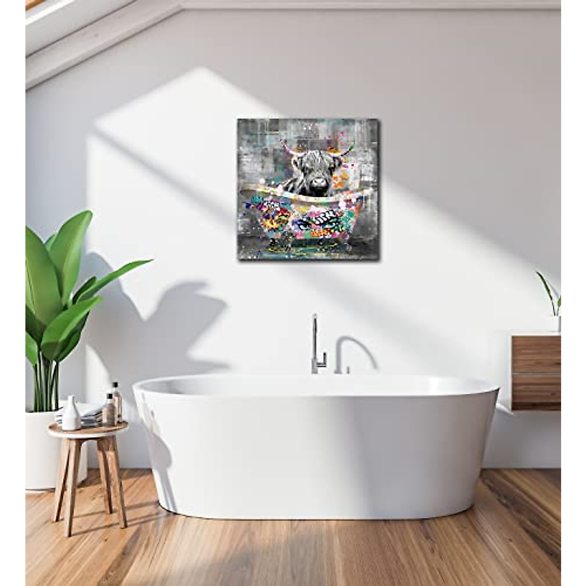 Kepgonegu Highland Cow Bathroom Wall Art Banksy Graffiti Canvas Wall Art Black and White Wall Art Ready to Hang Size 14”W x 14”H