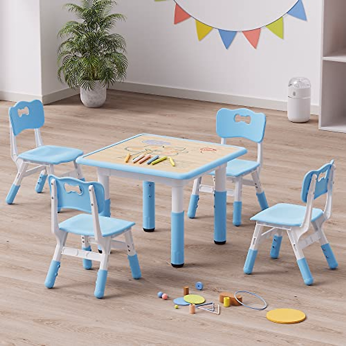 Brelley Toddler Table and Chairs Set for 4,Kids Study Table and Chair Set, Height-Adjustable, Graffiti Desktop, Children Activity Table for Daycare, Classroom, Home