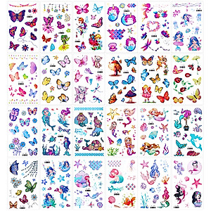 Konsait Glitter Temporary Tattoo for Girls, 24 Sheets Butterfly Mermaid Fairy Flowers Tattoo Stickers for Kids, Waterproof Fake Tattoos for Birthday Party Favors Goodie Bags Stuffers Party Fillers