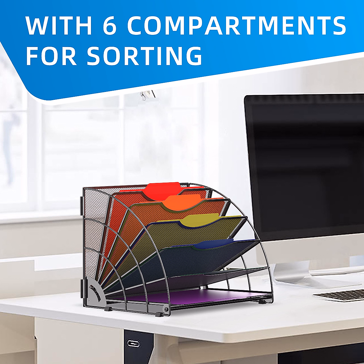 SUPEASY Fan Shaped Desk File Organizer, 6 Compartments for Filing Paper Bills, Letters, Desk Accessories for Workspace, School, Office, Waiting Room, Classroom Storage, Black