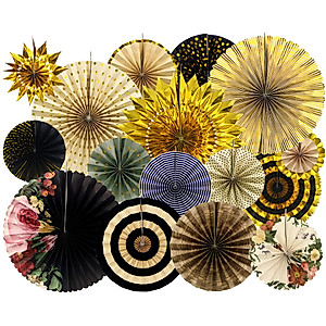 ADLKGG Party Hanging Paper Fans Set, Black Gold Round Pattern Paper Garlands Decoration for Birthday Wedding Bridal shower Graduation Events Accessories, Set of 16