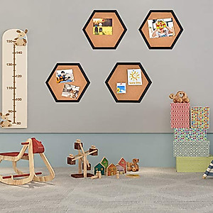 AkTop Cork Bulletin Board Hexagon 4 Pack, Small Framed Corkboard Tiles for Wall, Thick Decorative Display Boards for Home Office Decor, School Message Board with 16 Push Pin Wood Clips, Black