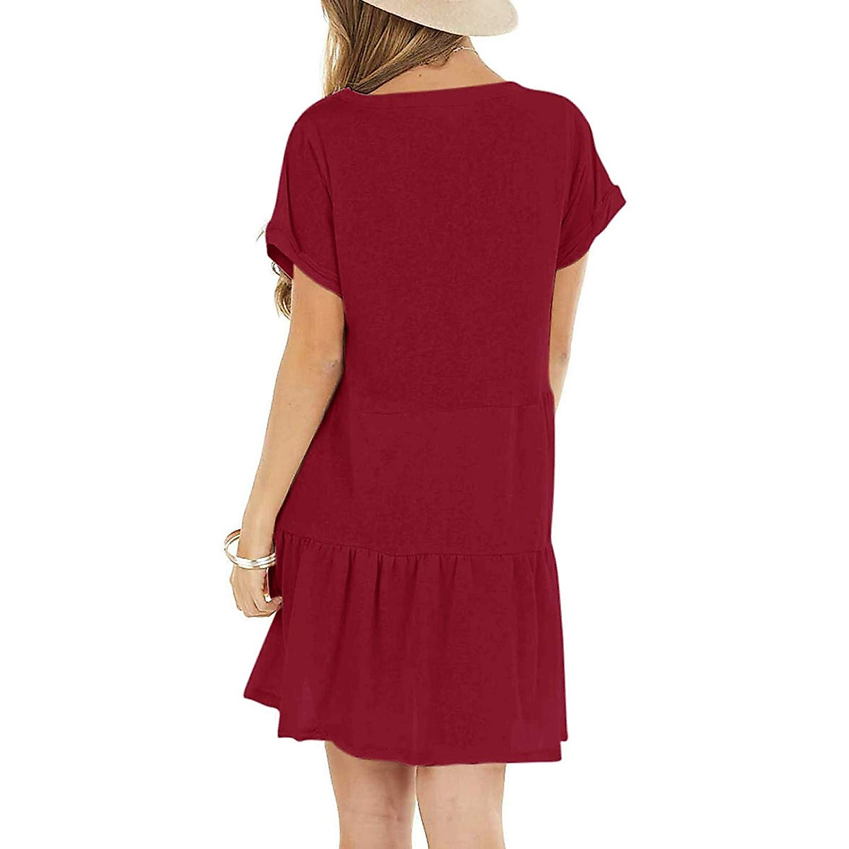 Padaleks Women's Summer Short Sleeve Tunic Dress O Neck Solid Casual Flowy Pleated Loose Mini Dresses w/Pockets