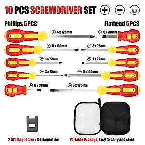 VHEONET Magnetic Screwdriver Sets 10 PCS,Craftsman Screwdriver Set with Bag,Flat Head Phillips Screwdriver, Non-Slip Cushion Grip for Repair Home Improvement,Red & Yellow