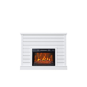 Electric Fireplace Mantel with 23" Electric Fireplace Insert, Package Freestanding Firebox TV Stand Corner Firebox with Log & Remote Control, 750W-1500W, White Stripes