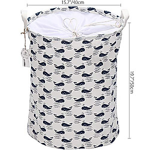 Sea Team 19.7" x 15.7" Large Sized Folding Cylindric Waterproof Coating Canvas Fabric Laundry Hamper Storage Basket with Drawstring Cover, Whale