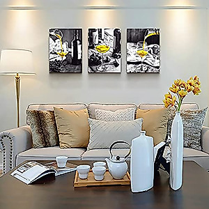 Wall Decor For Dining Room Canvas Wall Art For Kitchen Black And White Wine Glasses Pictures Modern Yellow Wine Canvas Art Prints Ready To Wall Painting For Restaurant Home Decorations 12"X16" 3 Piece