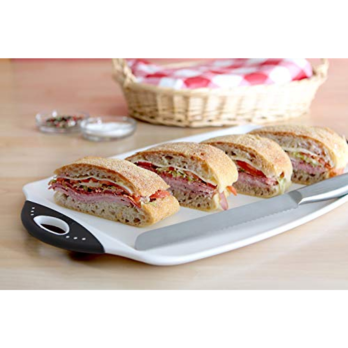 Dexas Chop & Serve Cutting Board, 12.5 by 20 inches, White with Black Handles