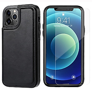 JOYAKI Wallet Case Compatible with iPhone 12 Pro/12,Slim Protective case with Card Holder,Premium PU Leather Kickstand Card Slots Case with 1 Protective Glass for iPhone 12pro/12(6.1") -Black