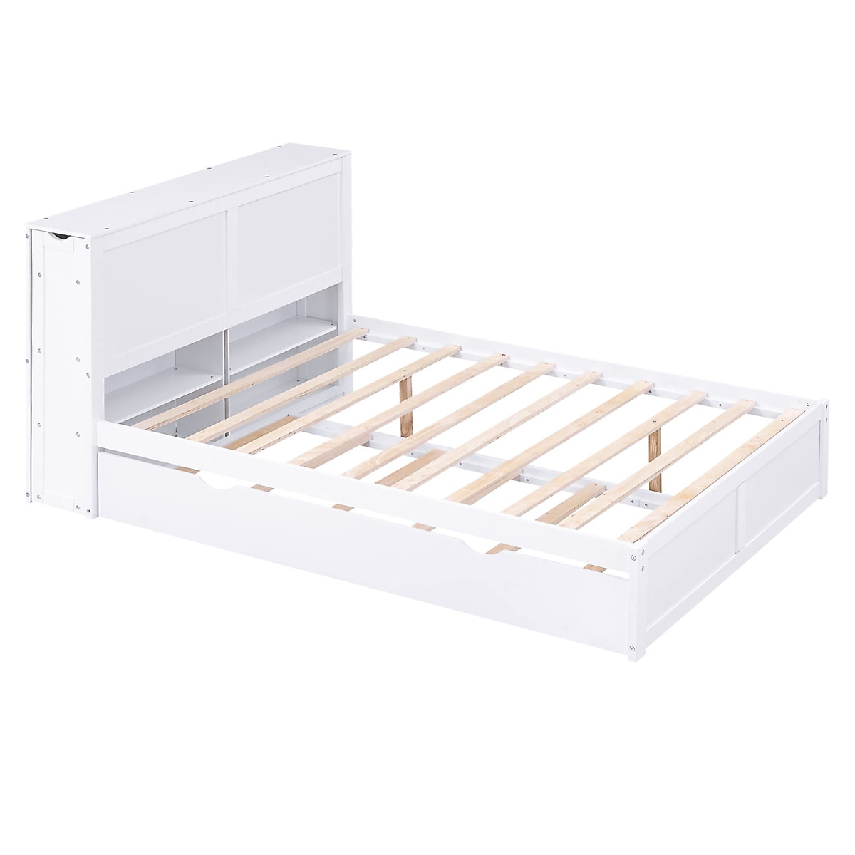 Lifeand Full Size Storage Platform Wooden Bed with Pull Out Shelves and Twin Size Trundle, White