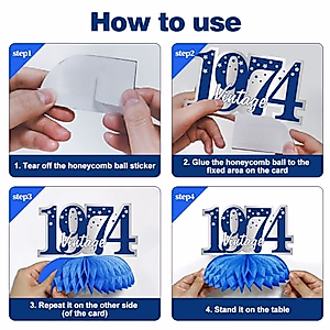 Bumqviy 9Pcs Happy 50th Birthday Honeycomb Decorations with String Lights for Men, Blue Silver Vintage 1974 Aged to Perfection Table Centerpiece Party Supplies, Fifty Years Birthday Table Sign Decor