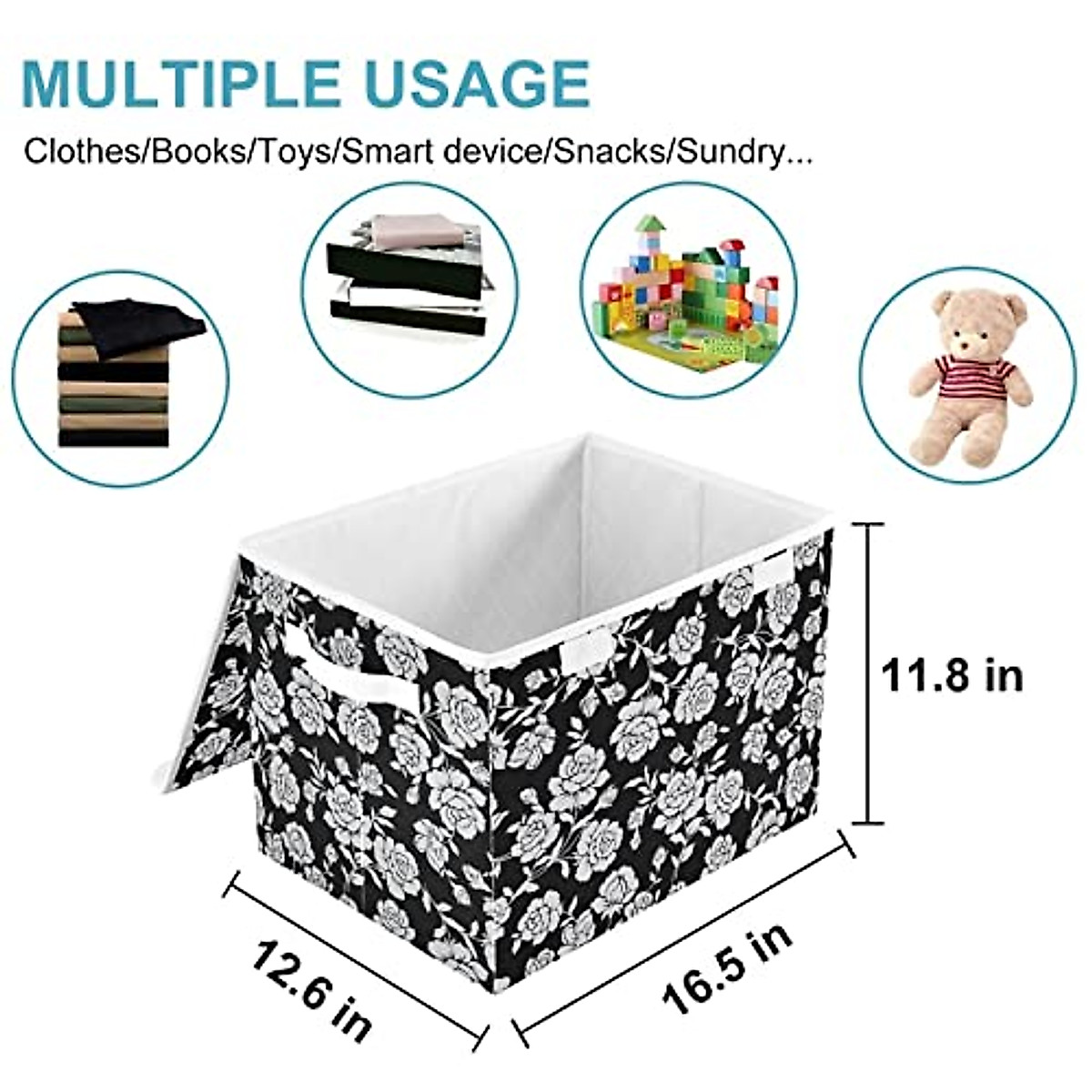 CaTaKu Black Rose Boho Storage Bins with Lids Fabric Large Storage Container Cube Basket with Handle Decorative Storage Boxes for Organizing Clothes Shelves