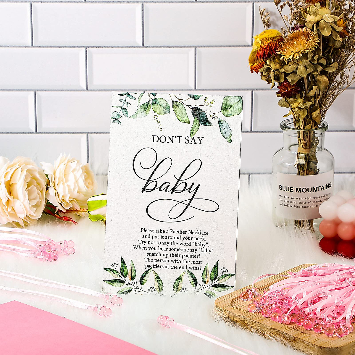 51 Pcs Don't Say Baby Game Sign Cool Baby Shower Game 50 Baby Shower Pacifier Necklace Wooden Don't Say Baby Sign Plastic Baby Pacifier Party Favor for Gender Reveal (Pink,Greenery)