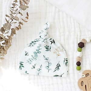 LifeTree Newborn Swaddle Set with Matching Hat and Headband Bow, Wooden Birth Announcement Card, Muslin Baby Swaddle Blankets for Boys & Girls, Eucalyptus Pattern